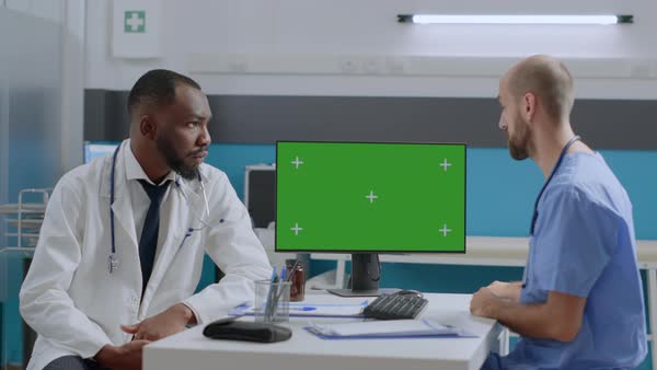 Mock up green screen chroma key computer with isolated display standing ...