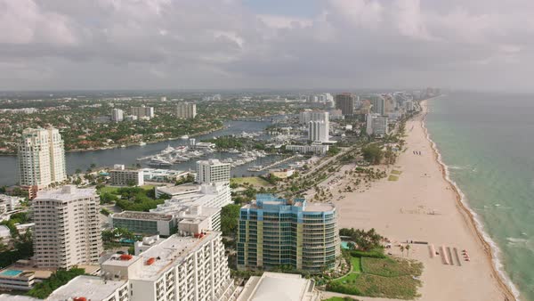 Miami, Florida circa-2019. Daytime aerial view of Miami Beach. Shot ...