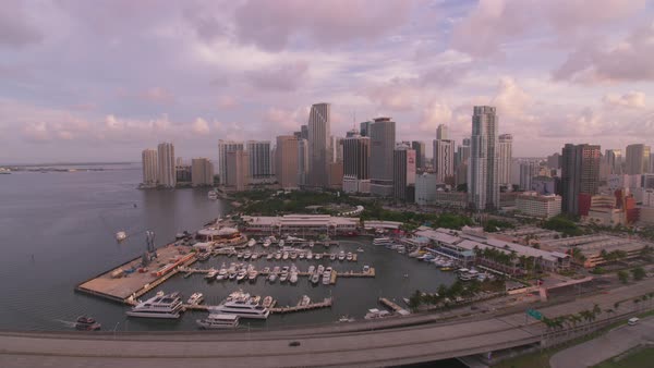 Miami, Florida circa-2019. Aerial view of Miami at sunset. Shot from ...
