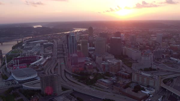 Aerial view of Cincinnati, Ohio at sunset - Stock Video Footage - Dissolve