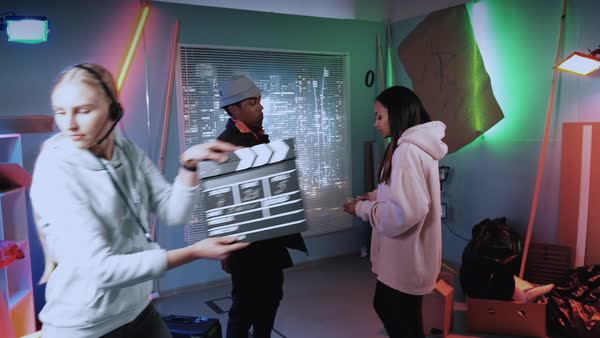 Multiracial actors burst in the laugh during the movie shooting scene ...