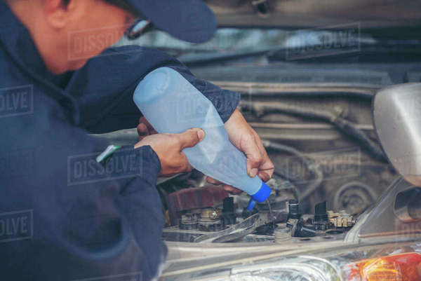 Car Mechanic man hands pouring Deionized purified Distilled water for ...