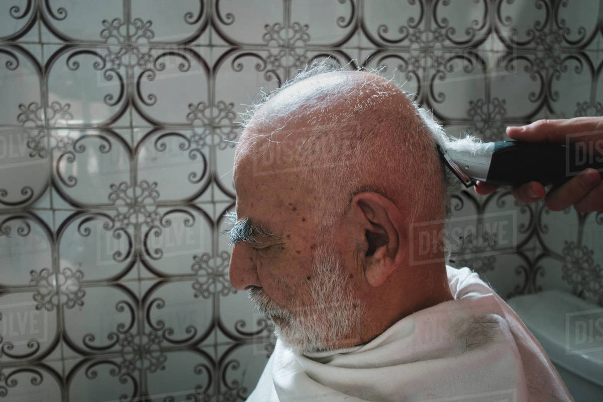 Very Old, White Haired, Bald Man Gets Haircut In Old Vintage Bathroom ...