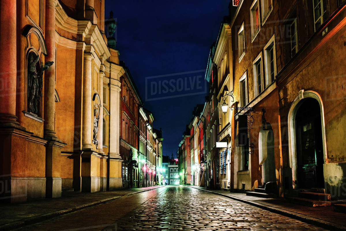 Old historical part of Warsaw Poland in the light of night lights ...