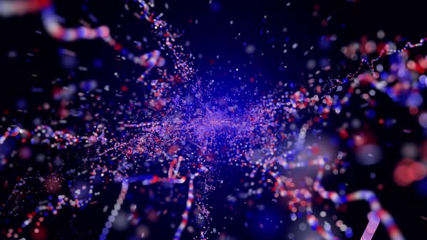 3D animated motion graphic explosion of red, white and blue particles ...