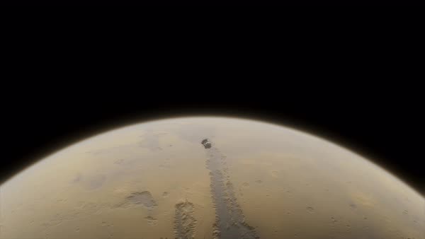 Planet Mars in deep space. Spacecraft in orbit of Mars. Cinematic 3d ...