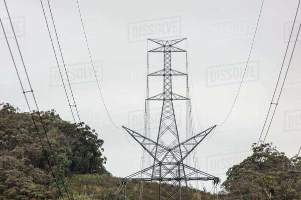 Photograph of a large steel transmission tower and associated cables ...