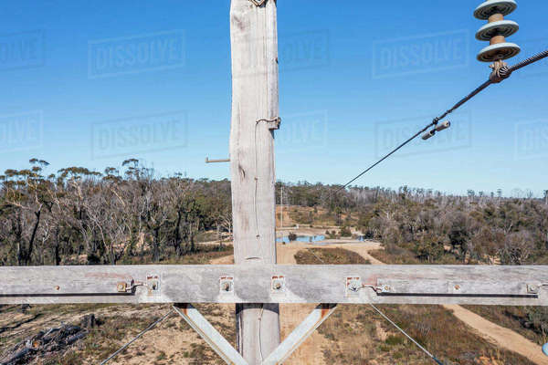 Drone aerial photograph of a telephone pole and wires in a forest ...