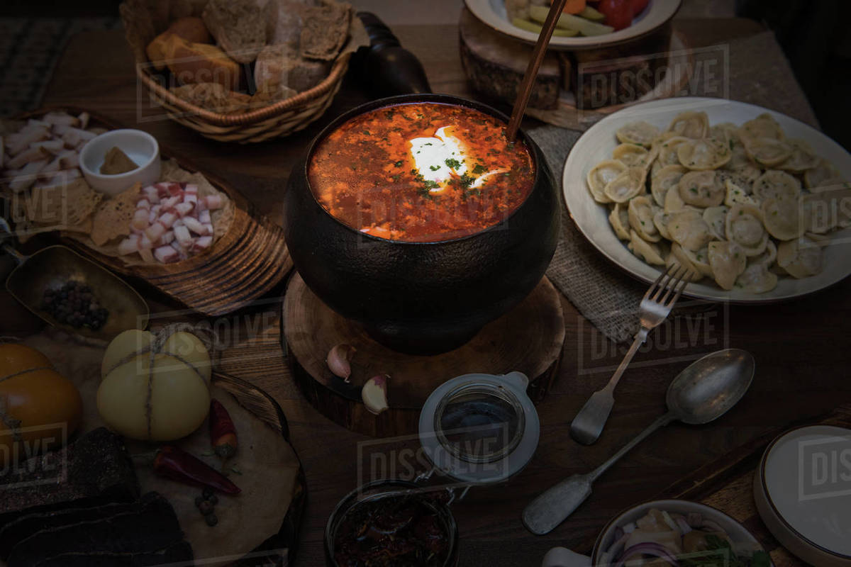 Russian food: borsch pickles cheese meat dumplings and fat - Stock ...