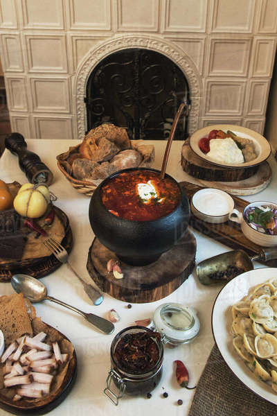 Russian food: borsch pickles cheese meat dumplings and fat - Royalty ...