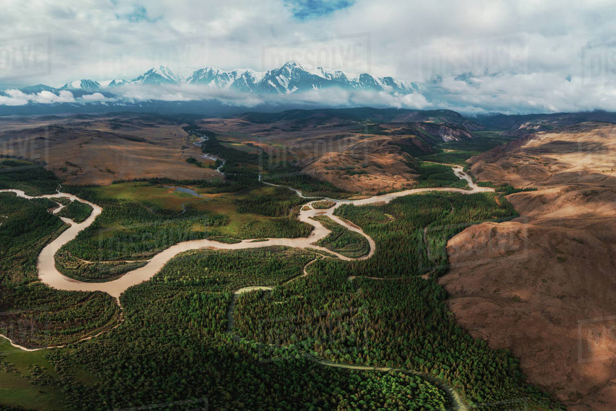 Aerial drone panoramic picture of Kurai steppe and Chuya river on North ...