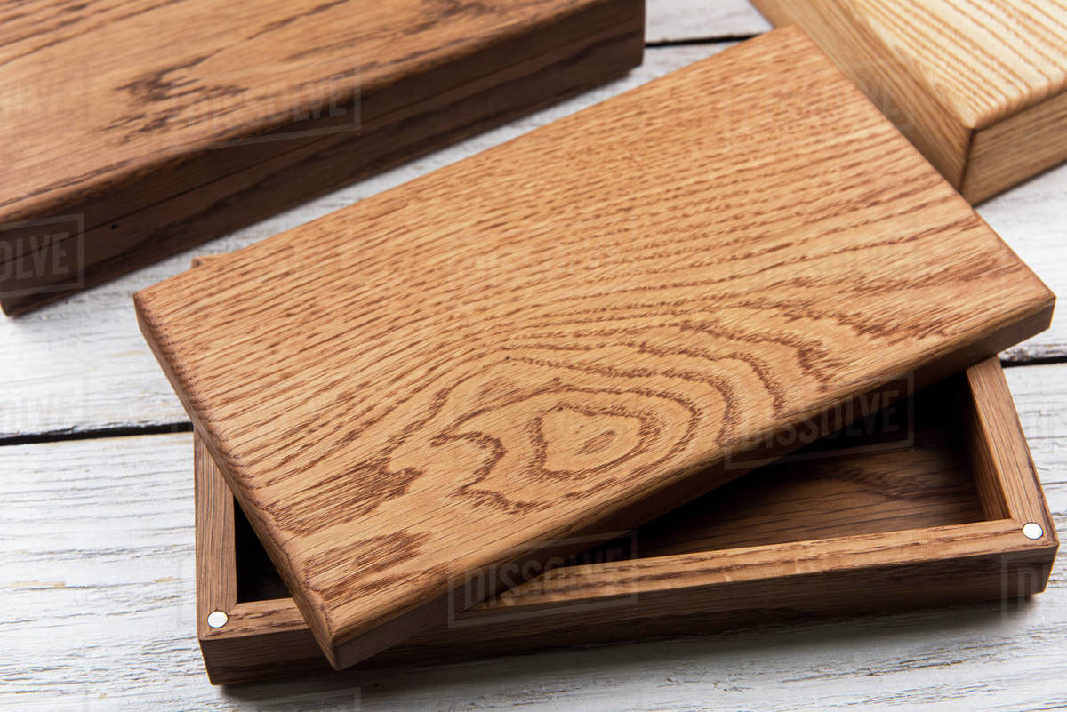 Wooden photo box for photo storage on wooden white background - Stock ...