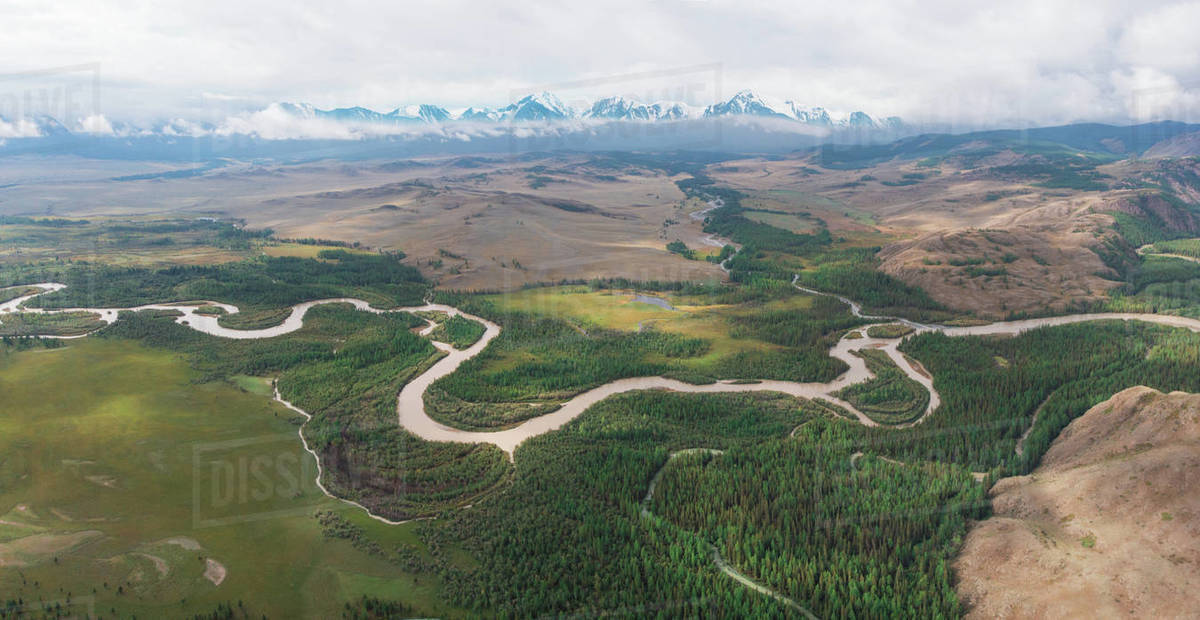 Kurai steppe and Chuya river on North-Chui ridge background. Altai ...