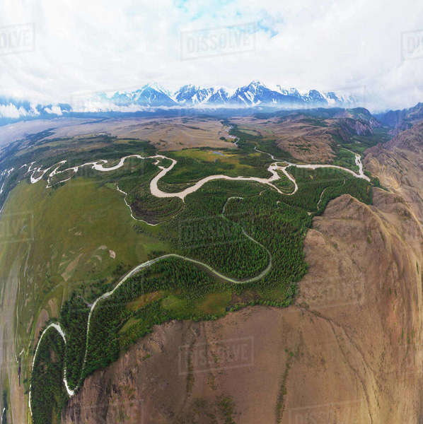 Kurai steppe and Chuya river on North-Chui ridge background. Altai ...
