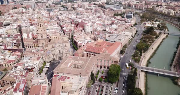 Aerial panoramic view of Murcia cityscape with bell tower of Cathedral ...