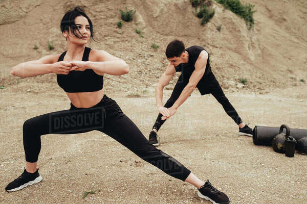 Two Athletes in Black Sportswear Training Together Open Air Healthy ...