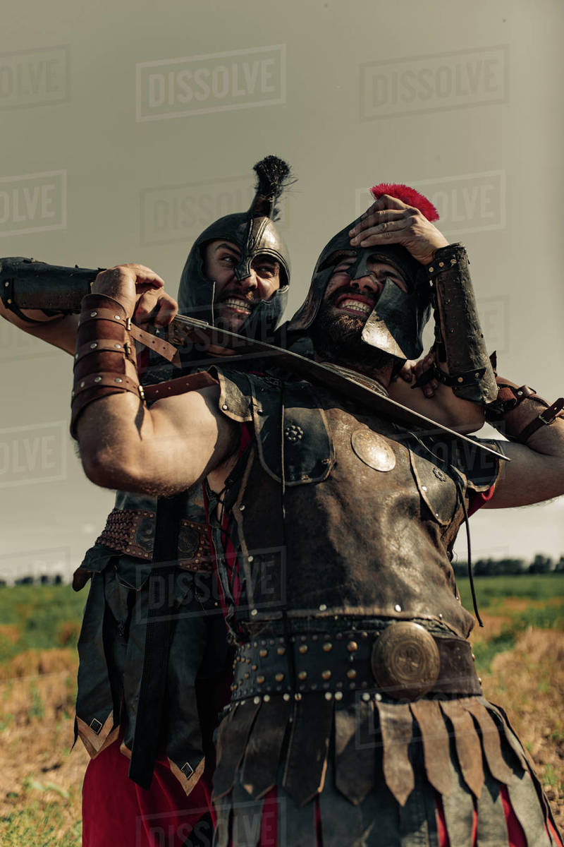 Battle with sword between two ancient greek or roman warriors in battle ...