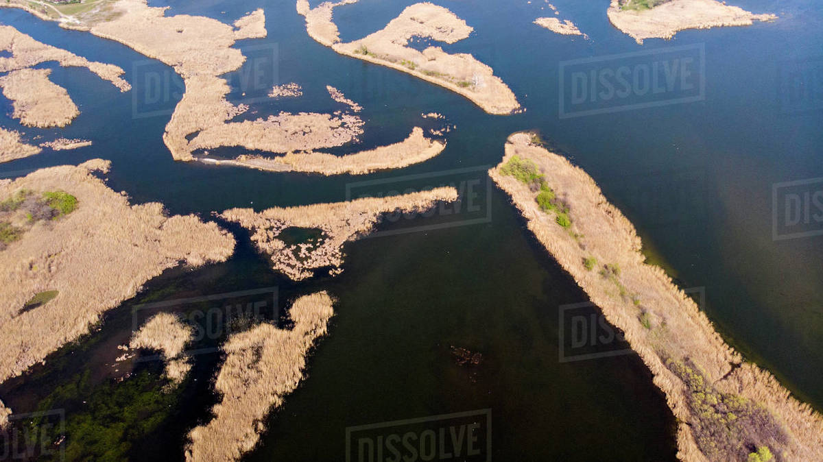 Drone shooting directly above the islands and river delta. Bird's-eye ...