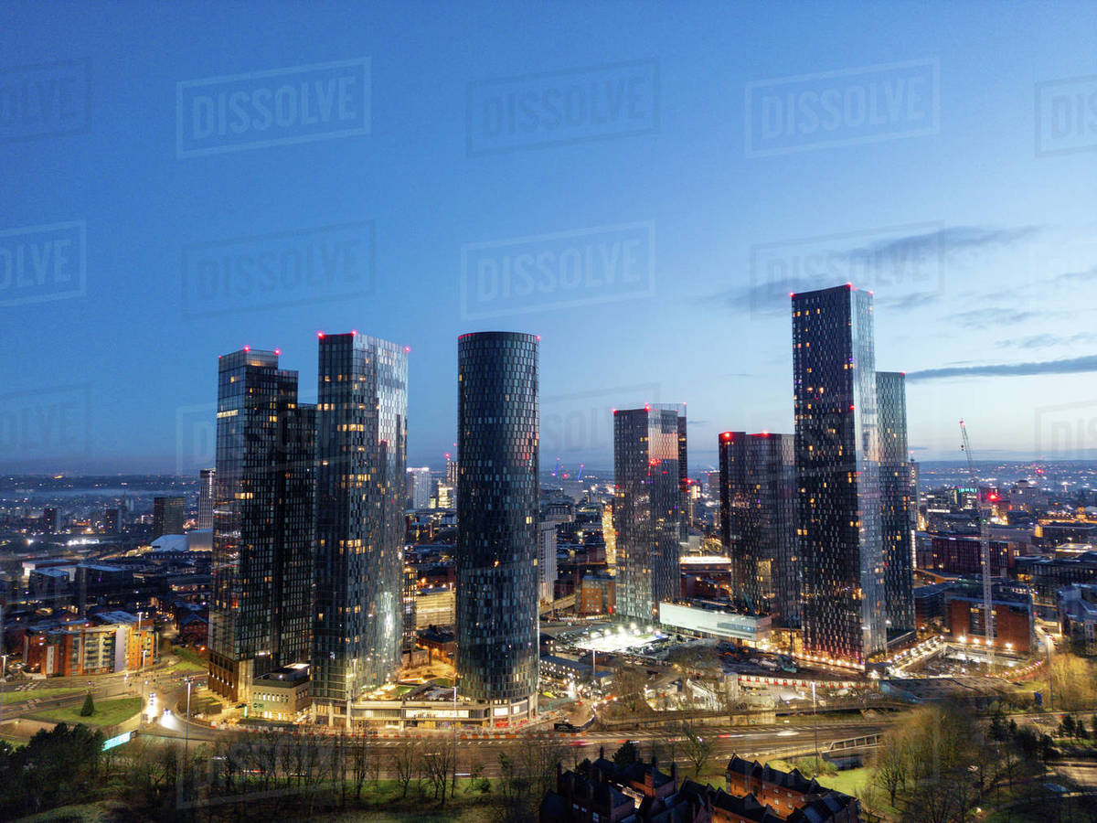 Aerial of Deansgate Square Manchester UK in the blue zone just before ...
