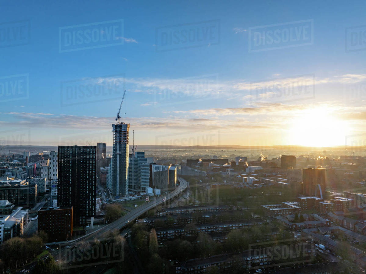 Aerial of Deansgate Square Manchester UK in the blue zone just before ...