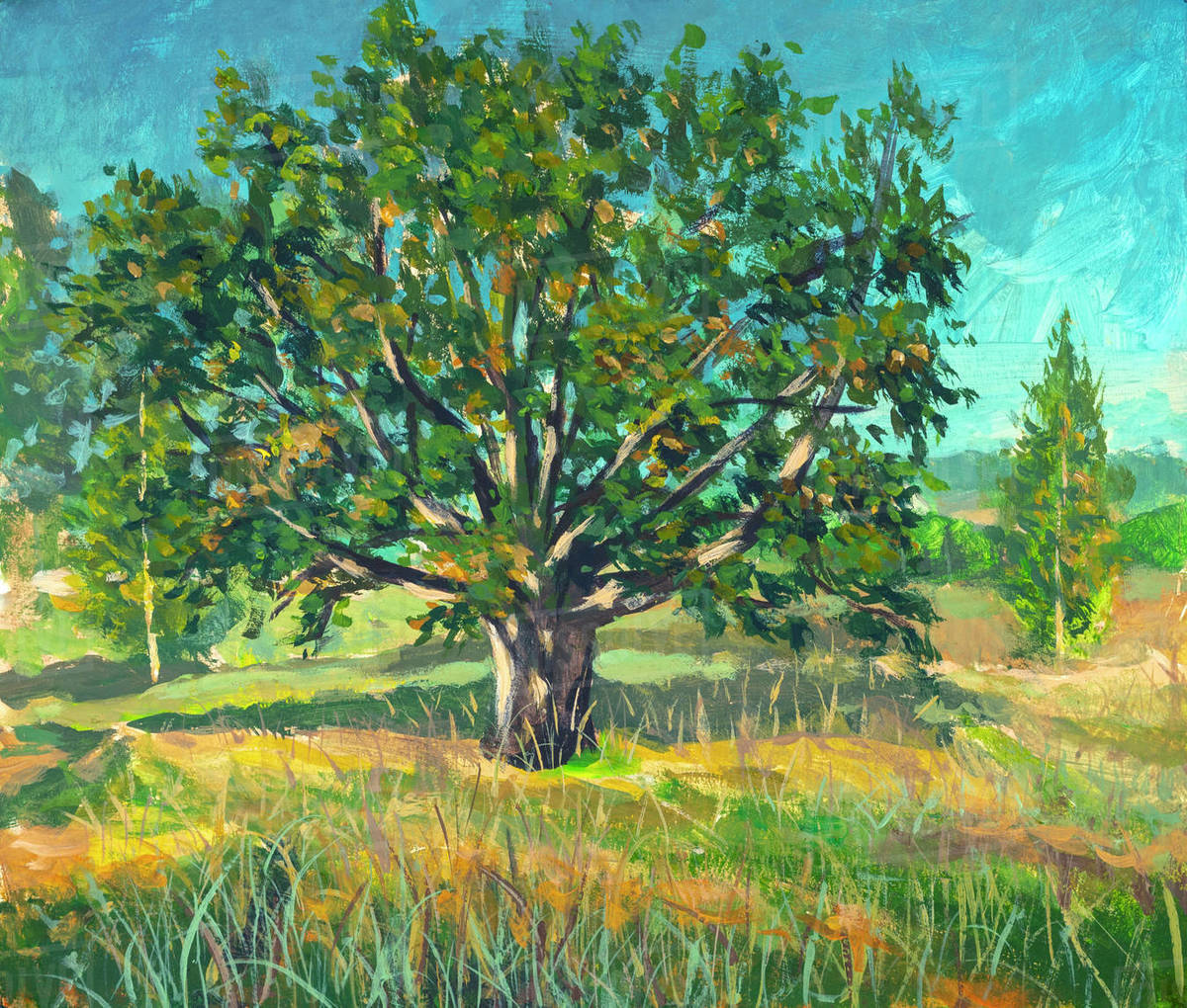 Acrylic oil painting big old oak tree, beautiful spring autumn ...