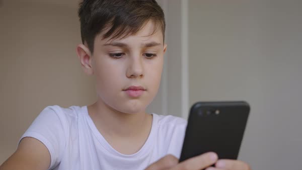 Portrait of handsome boy of 12 ages using smartphone at home. Caucasian ...