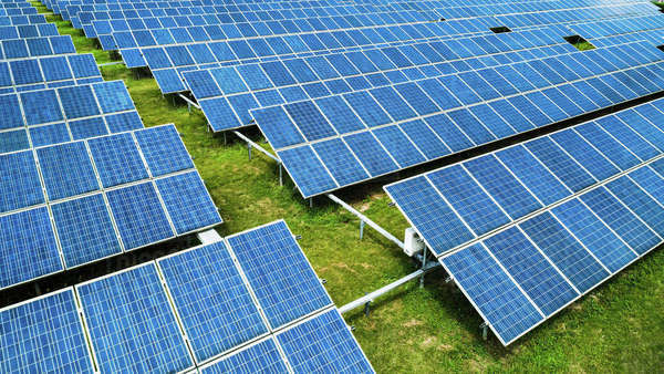 Aerial view of Solar Panels Farm Solar Cell Station. Production of ...