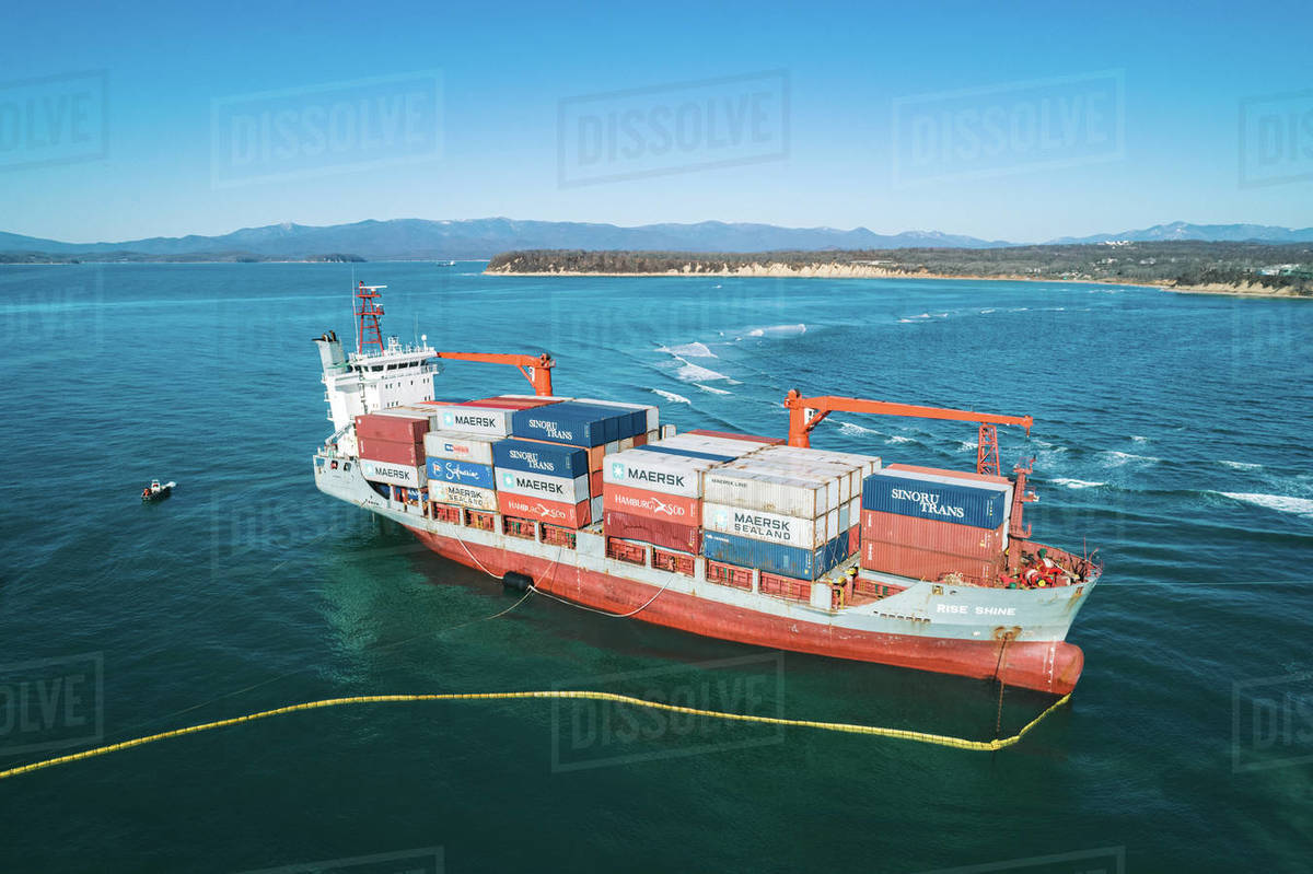 Aerial view of a RISE SHINE container cargo ship stands aground after a ...