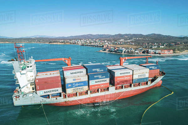 Aerial view of a RISE SHINE container cargo ship stands aground after a ...