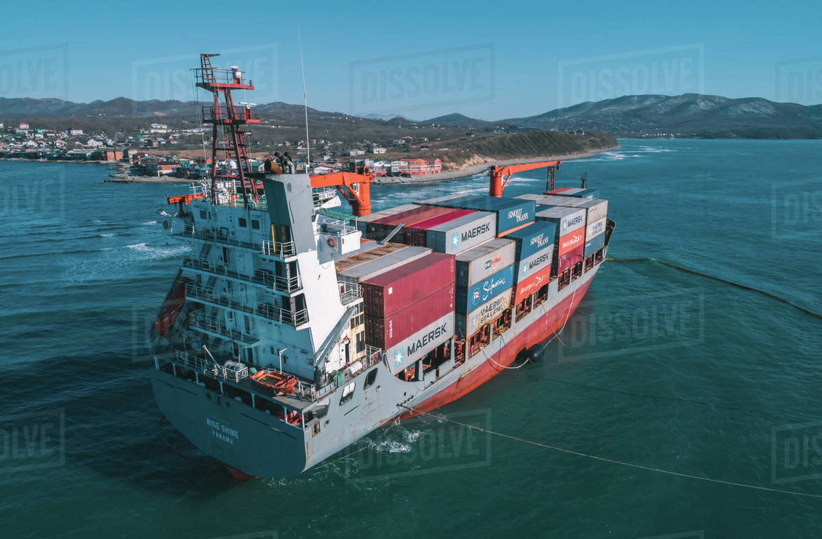 Aerial view of a RISE SHINE container cargo ship stands aground after a ...