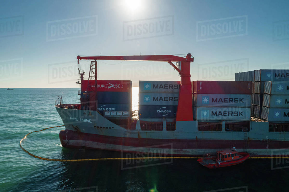 Aerial view of a RISE SHINE container cargo ship stands aground after a ...