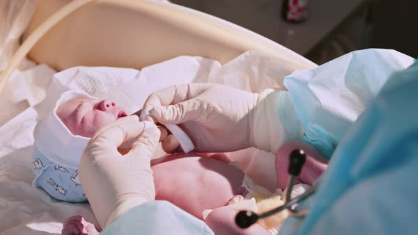 Newborn baby in hospital. Maternity professional pediatrician. Doctor ...