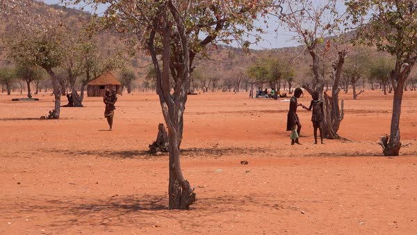 Small poor African Himba village on the Namibia Angola border with mud ...
