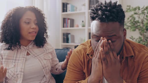 African American couple fighting, wife scolding husband, family ...