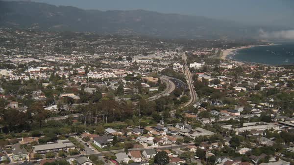 Stationary high shot looking over residential area, Santa Barbara ...