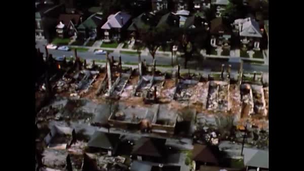 1967 - An aerial view shows a brick building destroyed in the Detroit ...