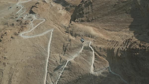 Cable car and snake path at Masada fortification, Israel (aerial view ...