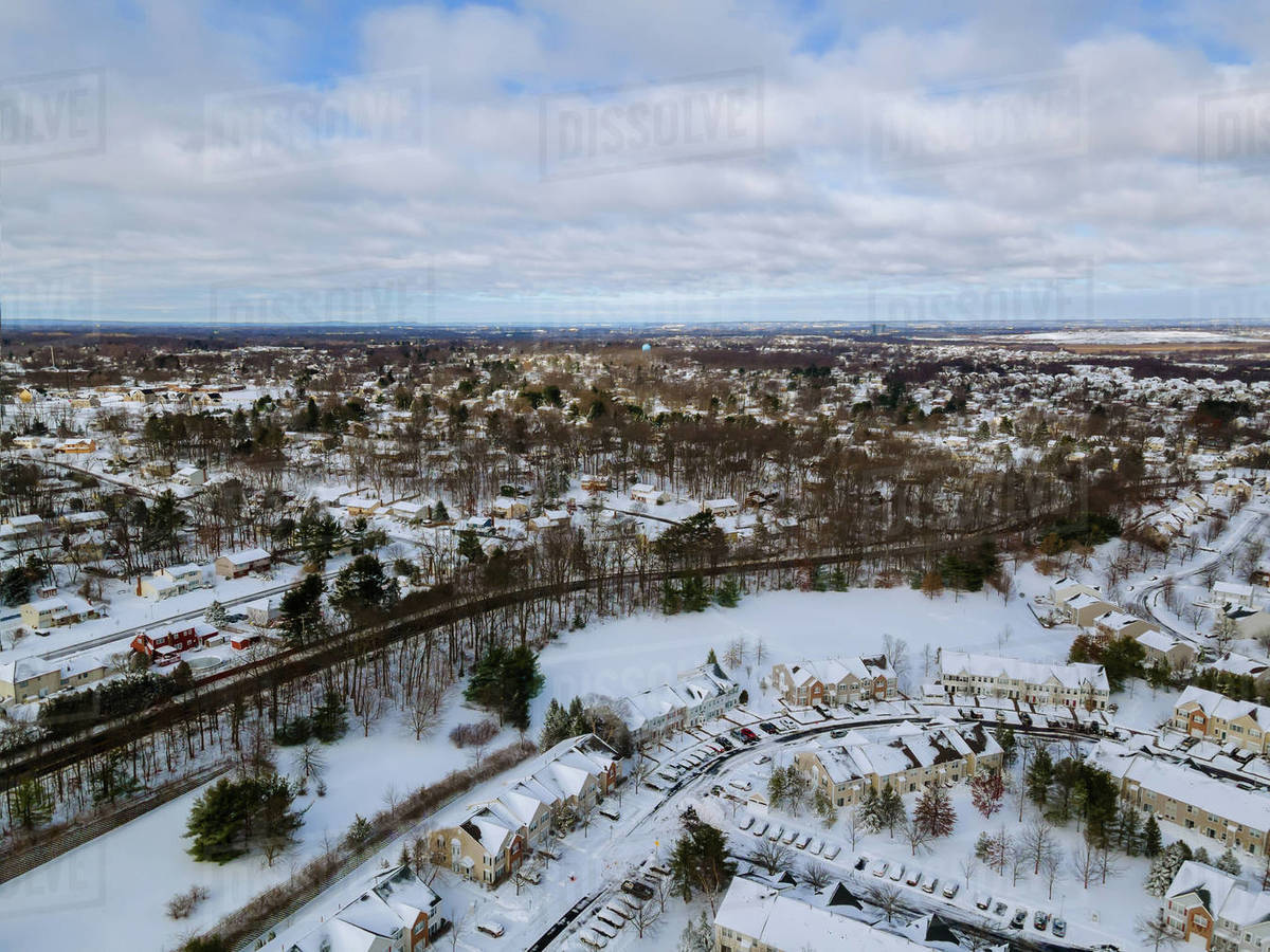 American town small home complex of a snowy winter on the residential ...