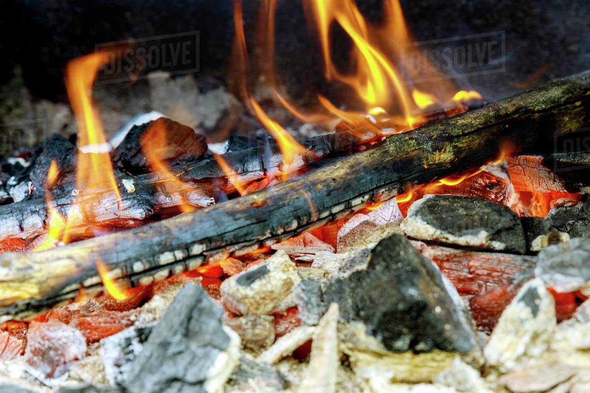 Smouldering burning fire burning wood firewood coal close up in the ...