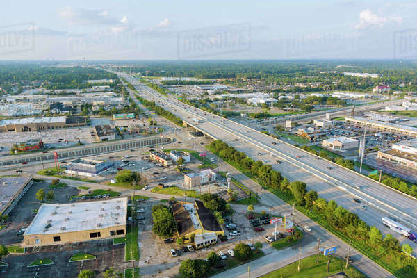 20 SEPTEMBER 2021 Houston, TX USA: Top view over the traffic backed up ...