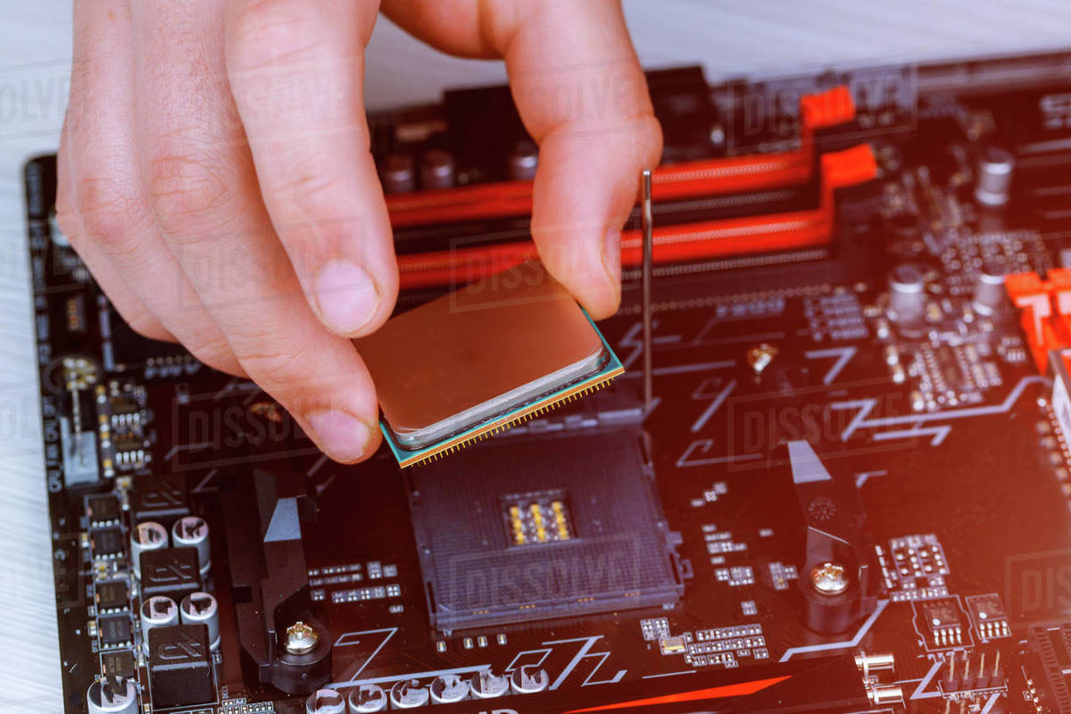 The technician is putting the CPU on the socket of the computer ...