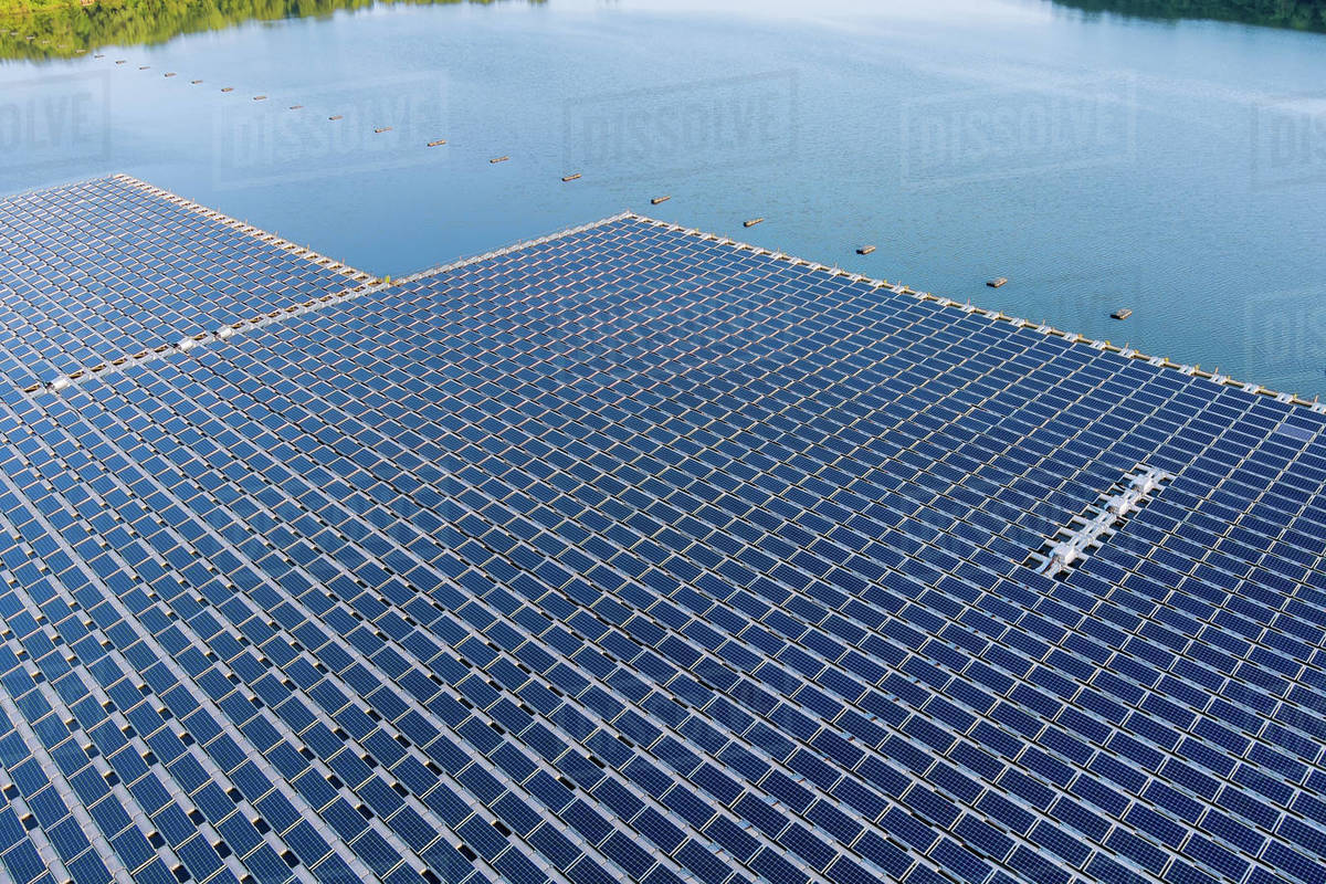 Floating solar panels platform on the beautiful lake renewable ...