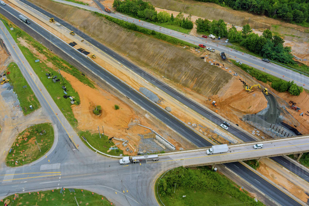 Aerial view of reconstruction bridge add new line in interchange ...
