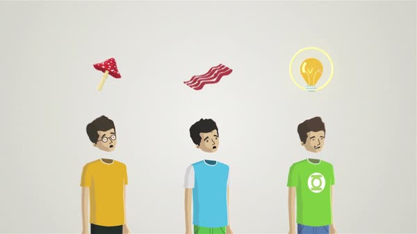 Cartoon animation with three young men and objects above their heads ...