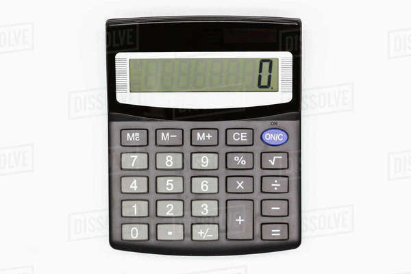 Calculator with big buttons and zero on the digital screen on a white ...