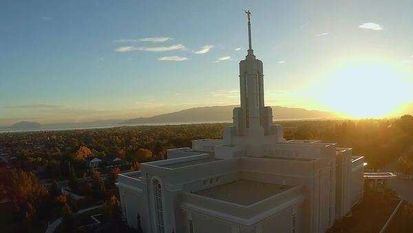 Mormon Temple Mount Timpanogos Aerial view at sunset showing mountains ...