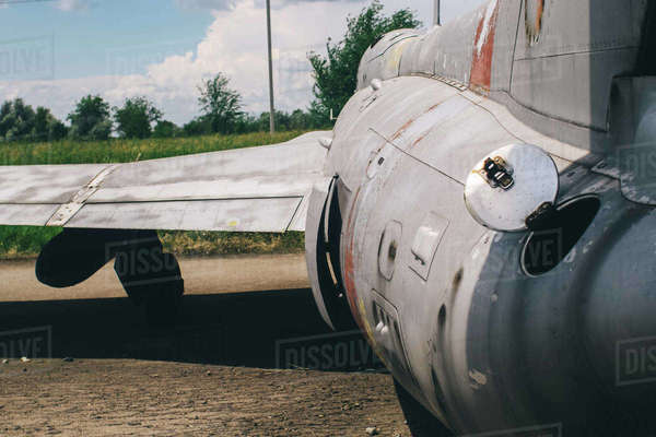 Close-up of part of the fuselage of an old military fighter jet, which ...