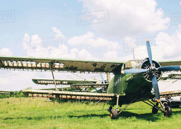 A close-up of an old wrecked passenger plane that has been ...