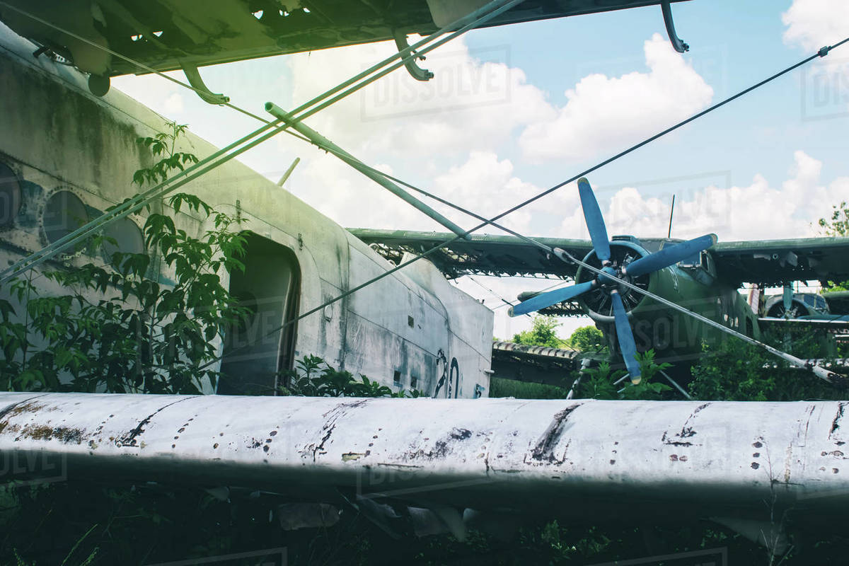 Close-up of a crashed airplane wing. The metal frame and internal parts ...