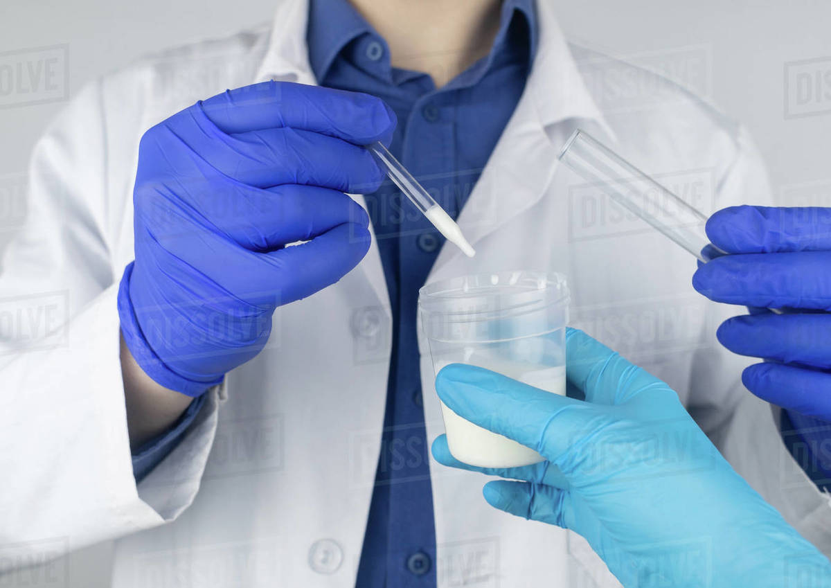 Medical laboratory assistant checks a test tube with sperm. Spermogram ...